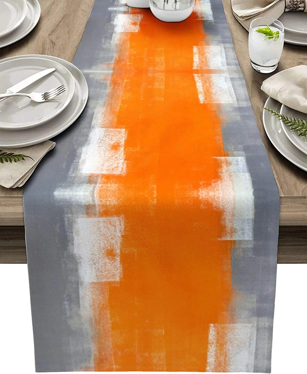 Abstract Gray and Orange Texture Linen Table Runner Wedding Decoration ...