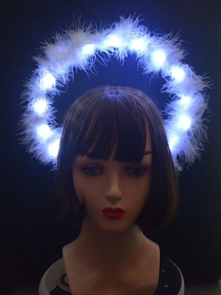 Women LED Glow Light Up Goddess Angel Feather Halo Headband Crown Bride ...