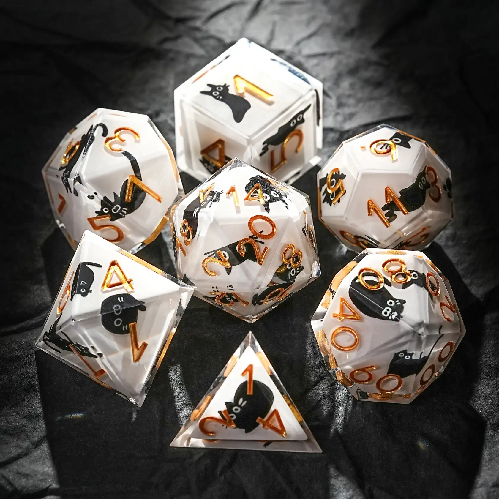 1-7pcs-DND-Milk-White-Solid-Resin-Black-Kitten-Smile-Cat-Dice-Set-Multi ...