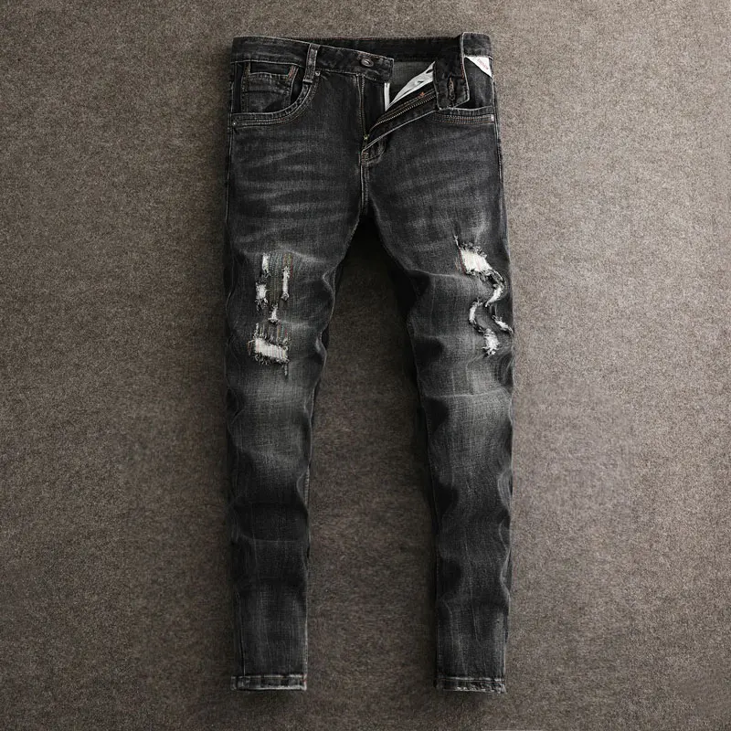 Designer-Street-Fashion-Men-s-Black-Grey-Jeans-Elastic-Retro-Slim-Fit ...