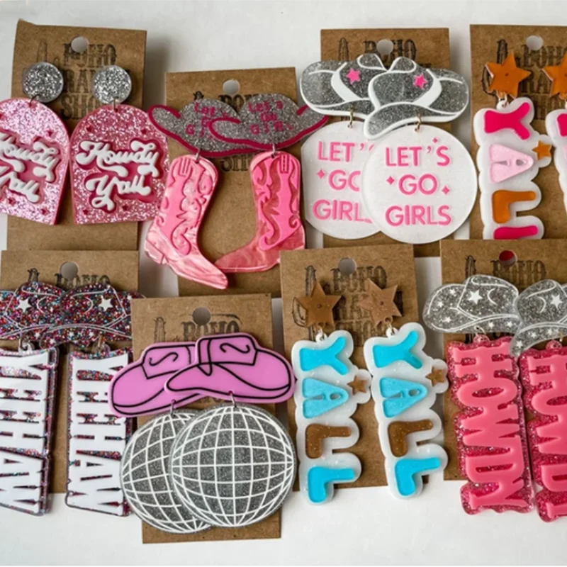 ACRYLIC EARRINGS Glitter Hat Howdy | Disco Mirror Ball | Pink Cowboy ...