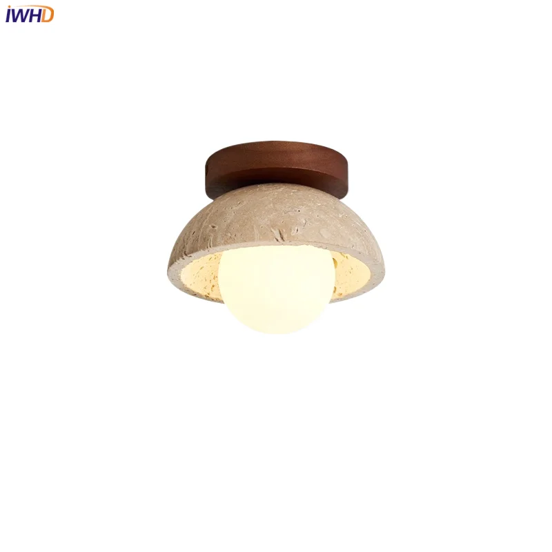 IWHD Round Stone LED Ceiling Lamp Hallway Living Room Wood Canopy White ...
