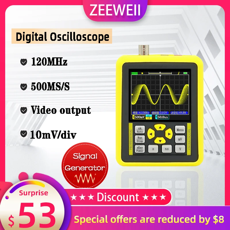 ZEEWEII-Osciloscópio Digital, Largura de Banda Analógica, Gerador de Sinal de Suporte Handheld ...