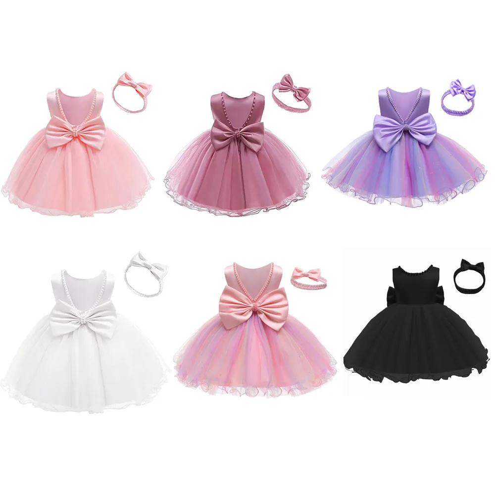 Baby Girls Ruffle Lace Backless with Headwear Bowknot Princess Dresses ...