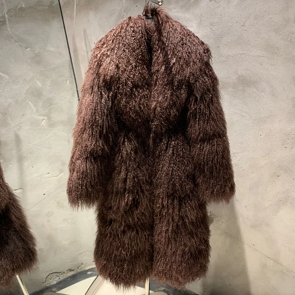 #S Real Sheep Fur Coat Long with Collar Natural Lady Real Sheep Fur ...