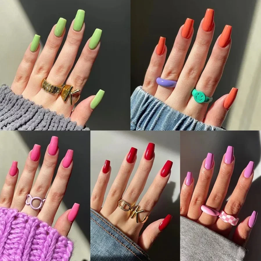 24Pcs-Set-Wearing-Removable-False-Nails-Patch-Solid-Color-Simple-Medium ...
