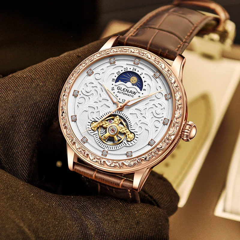 GLENAW Mechanical Watch 24hour Moon Phase Men Waterproof Luminous ...