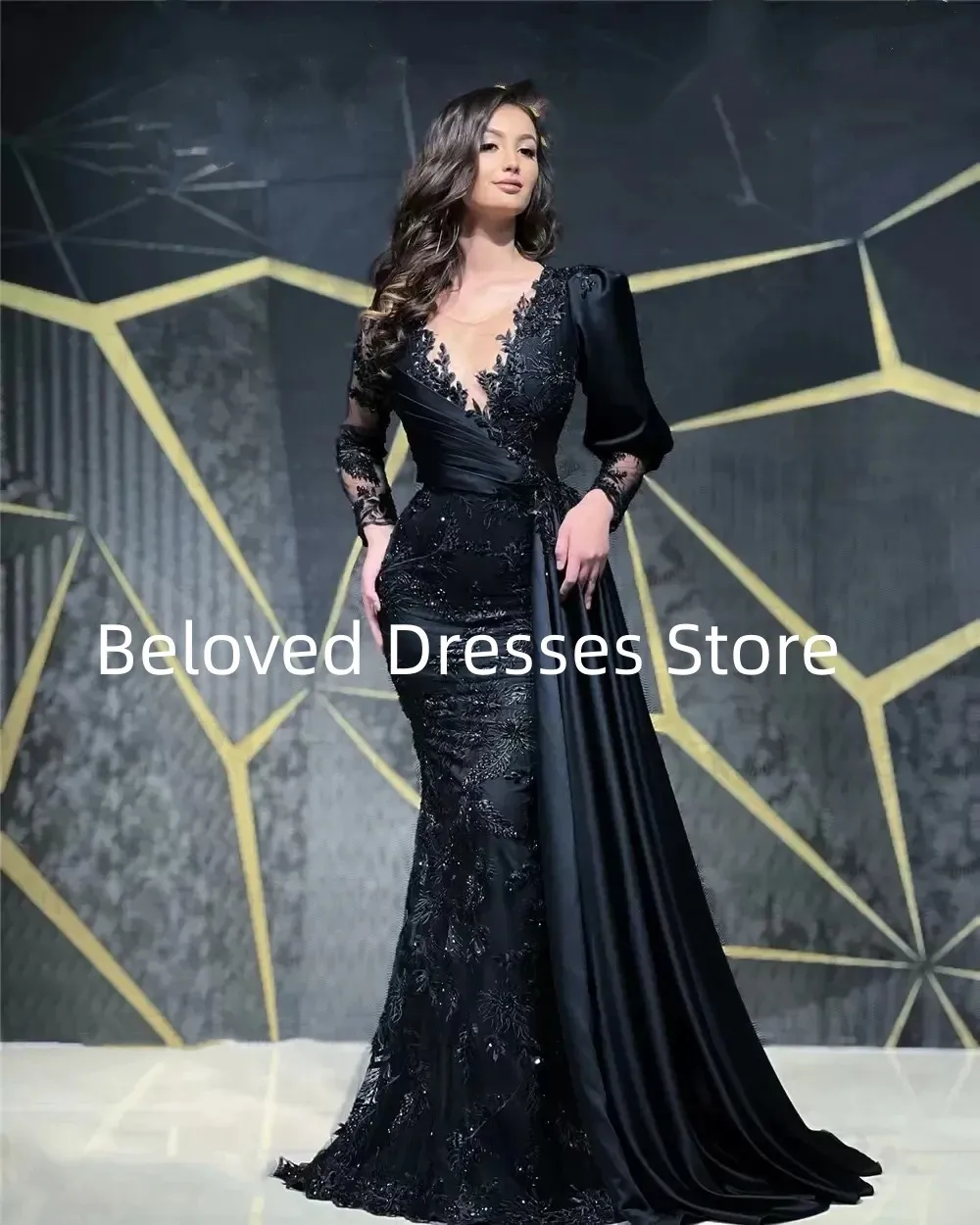 Black-Evening-Dress-Prom-Elegant-V-neck-High-Back-Dress-Italian-Noodle ...