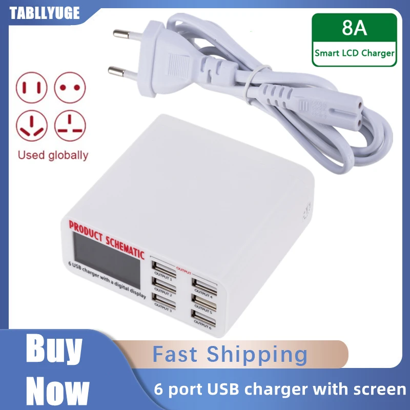 6A with LCD Digital Display 6 Port USB Charger Fast Smart Charging ...