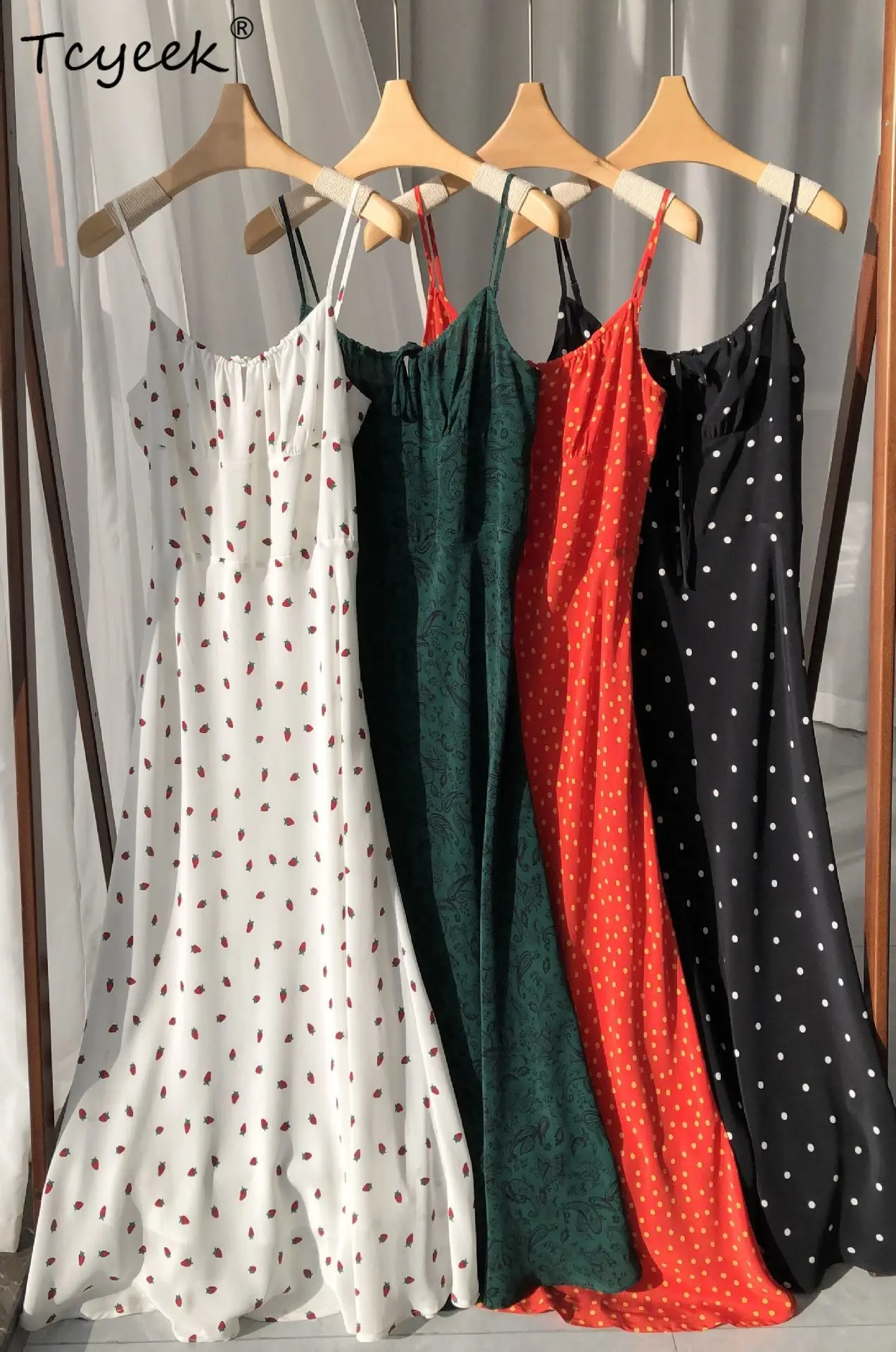 Tcyeek, 100%Real Silk Sand Wash Dresses, Women's Spaghetti Strap Dots ...
