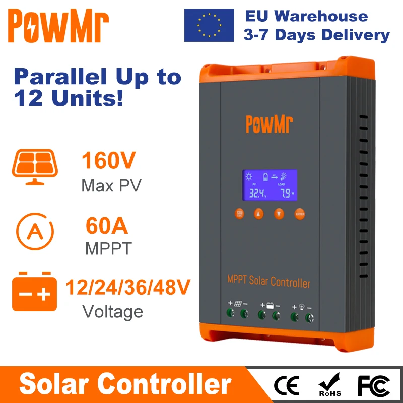 PowMr MPPT 60A Solar Charge Controller Solar Panels Regulator 12V 24V 36V 48V Parallel Up 12 ...