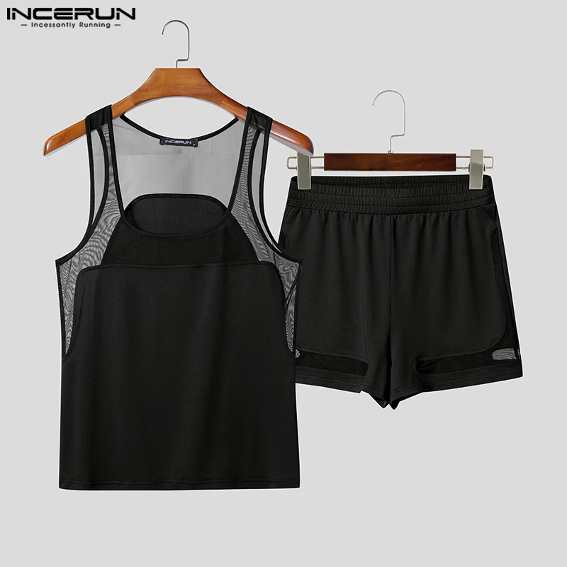 INCERUN Men Sets Mesh Patchwork O-neck Sleeveless Tank Tops & Shorts ...