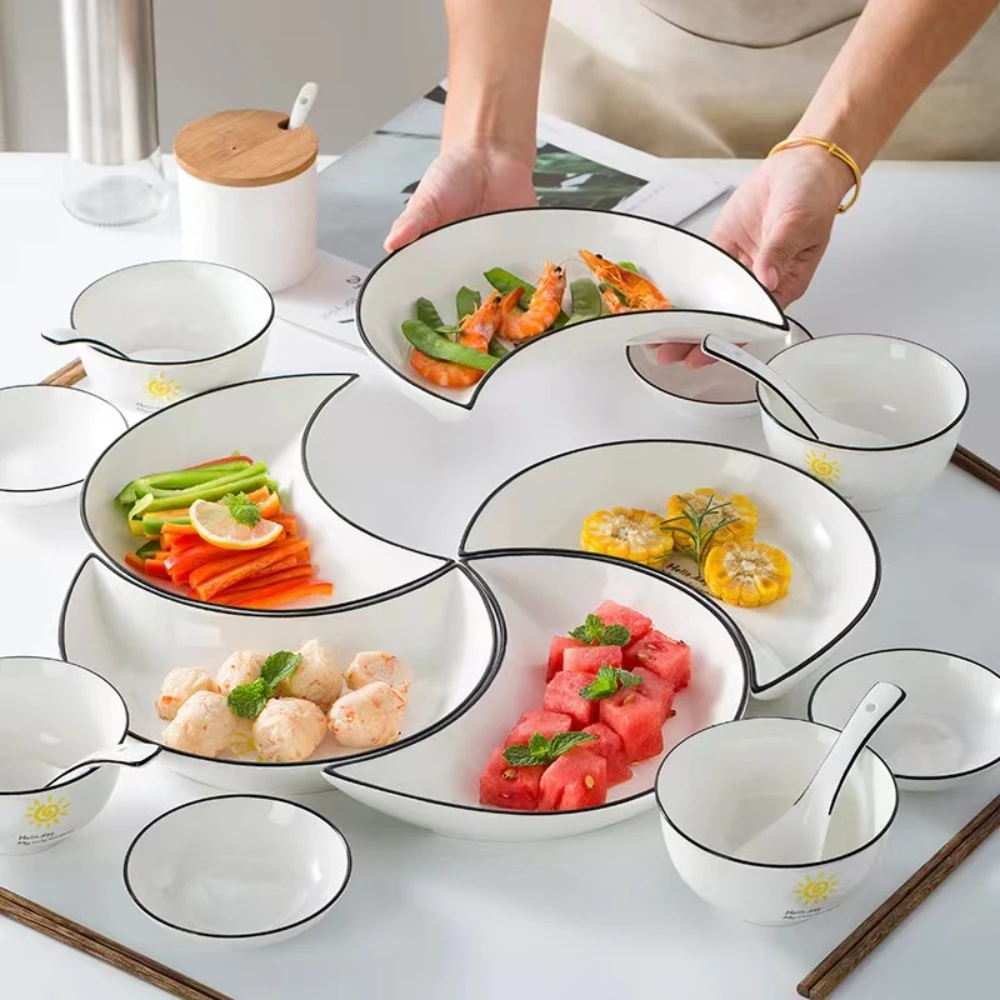 5-Piece-Reunion-Ceramic-Dinnerware-Set-Moon-Shaped-Hot-Pot-Plate ...