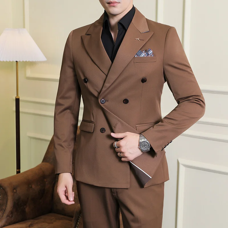 High-End Double-Breasted Slim Fit Business Suit Solid Color Two-Piece ...