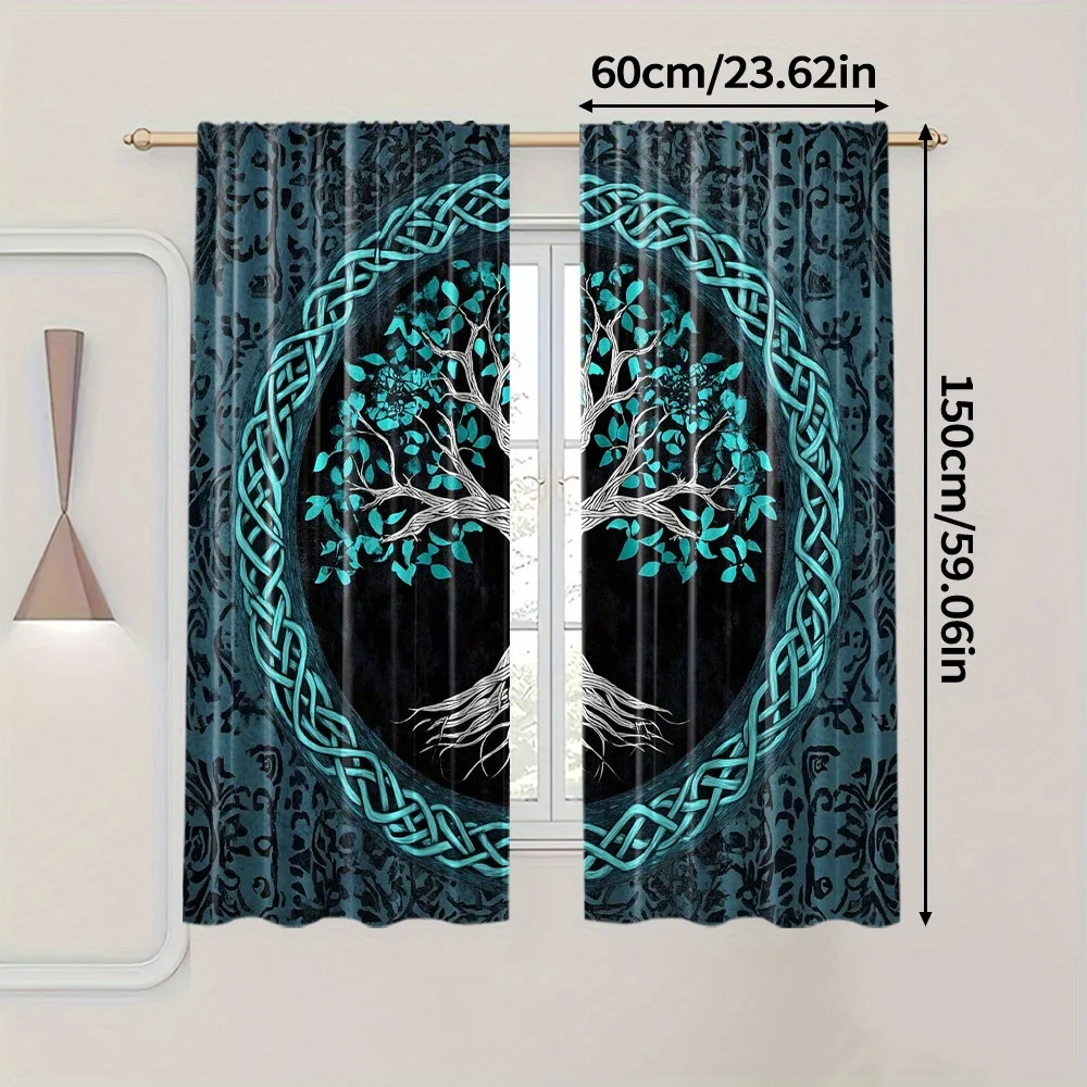 2pcs Tree of Life Curtains - 2D Flat Printing, Blue & White Celtic Knot ...