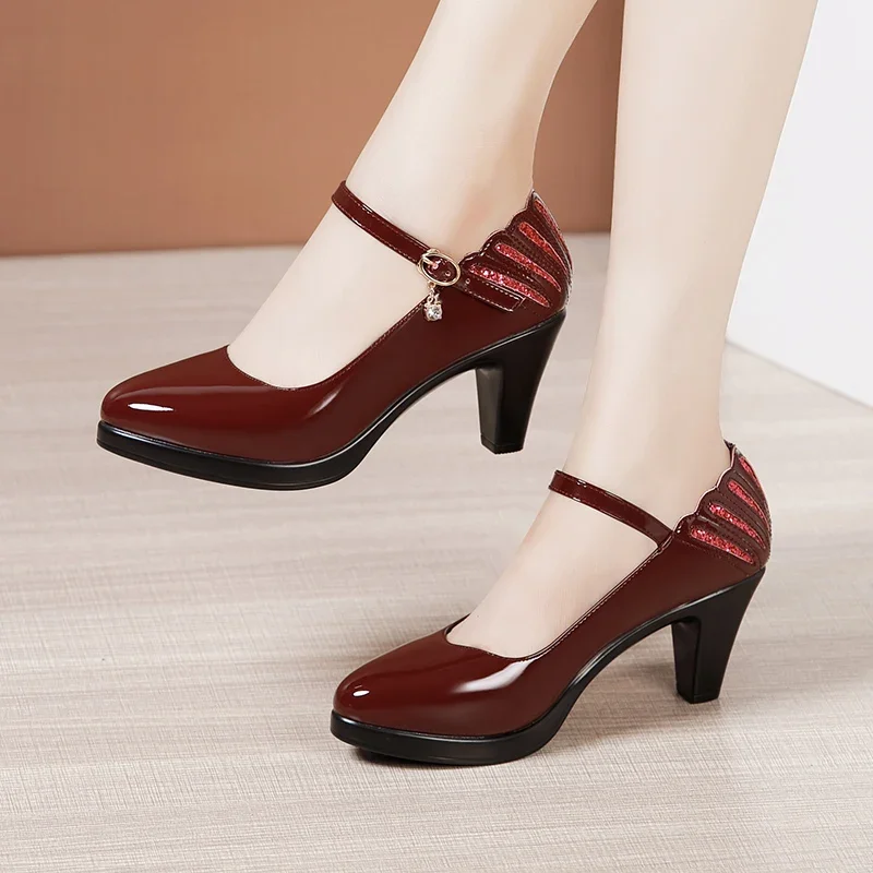 Small Size 32-43 Shallow Block High Heels Shoes Genuine Leather Mary ...