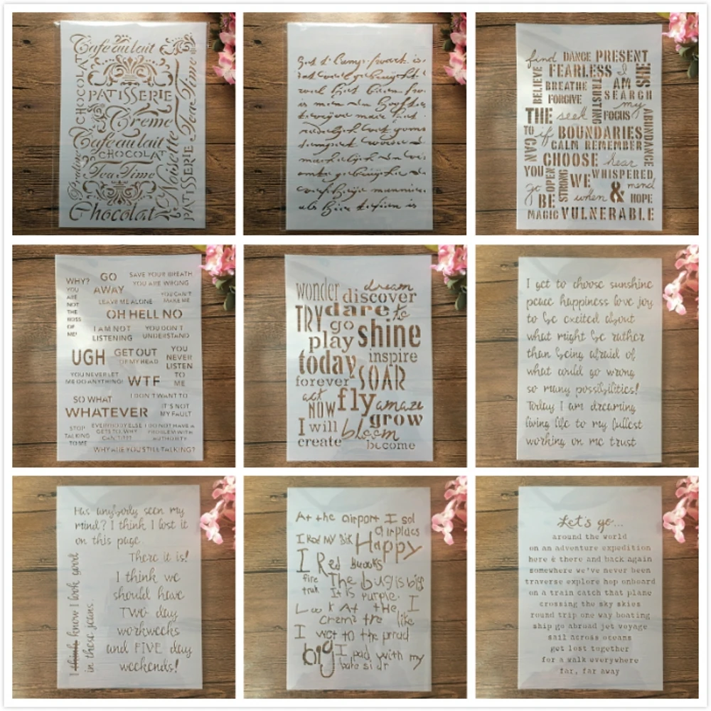 9Pcs-Lot-A4-29cm-Words-Paragraph-Text-Article-DIY-Layering-Stencils ...
