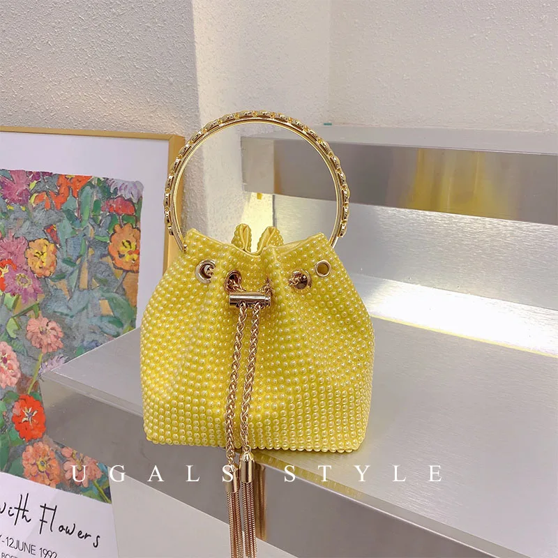 Diamond-Bucket-Bag-Metal-Ring-Handle-Handbags-Women-Tassel-Satin-Bucket ...