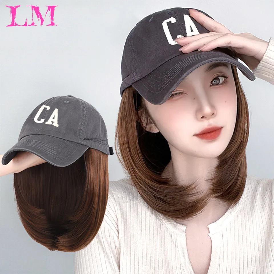 LM-Short-Wavy-baseball-wig-Synthetic-Natural-bob-Wig-Black-hat-wigs-cap ...