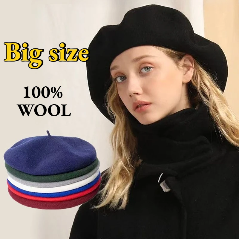 100% Wool Big Size XL 60cm Berets Women New 32cm Oversized Painter Hat ...