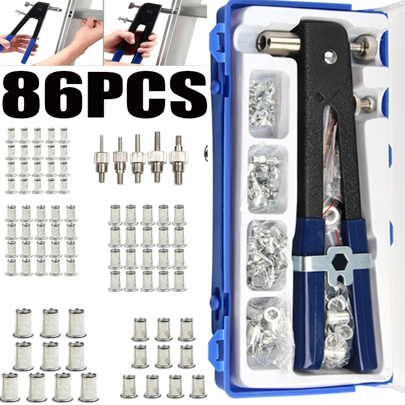 86pcs-Blind-Rivet-Gun-Heavy-Duty-Nut-Threaded-Insert-Hand-Riveting-Kit ...