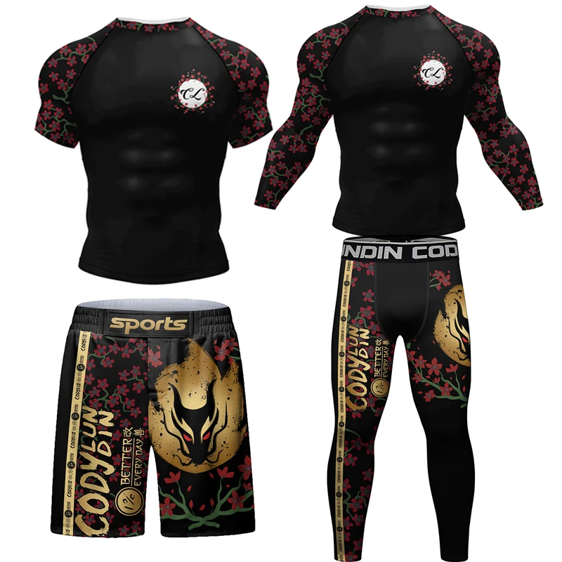 Men-Bjj-Rashguard-Jiu-Jitsu-MMA-T-Shirt-Shorts-Boxing-Compression ...