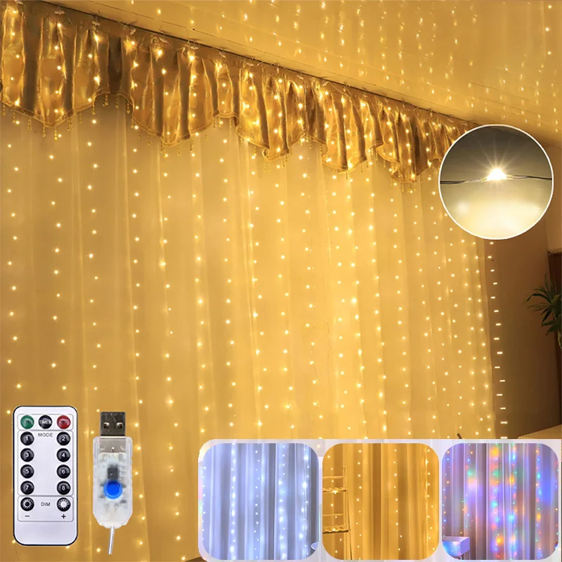 LED-Curtain-Light-8-Modes-USB-Remote-Control-Fairy-Lights-3x1m-3x2m ...