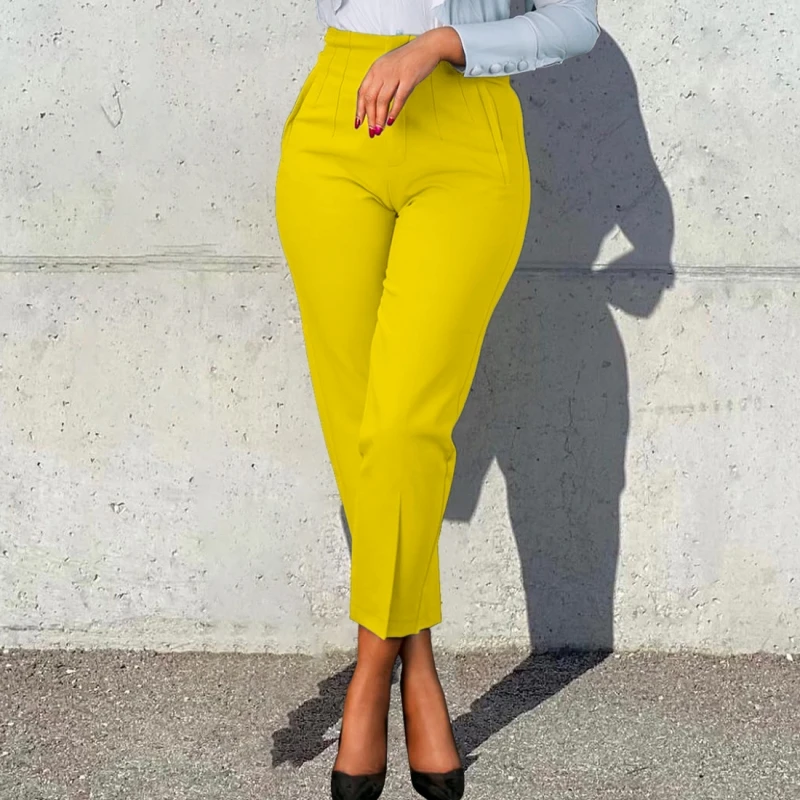 Women Shiny Yellow Black Capris Pants High Waist Trousers Office Work ...