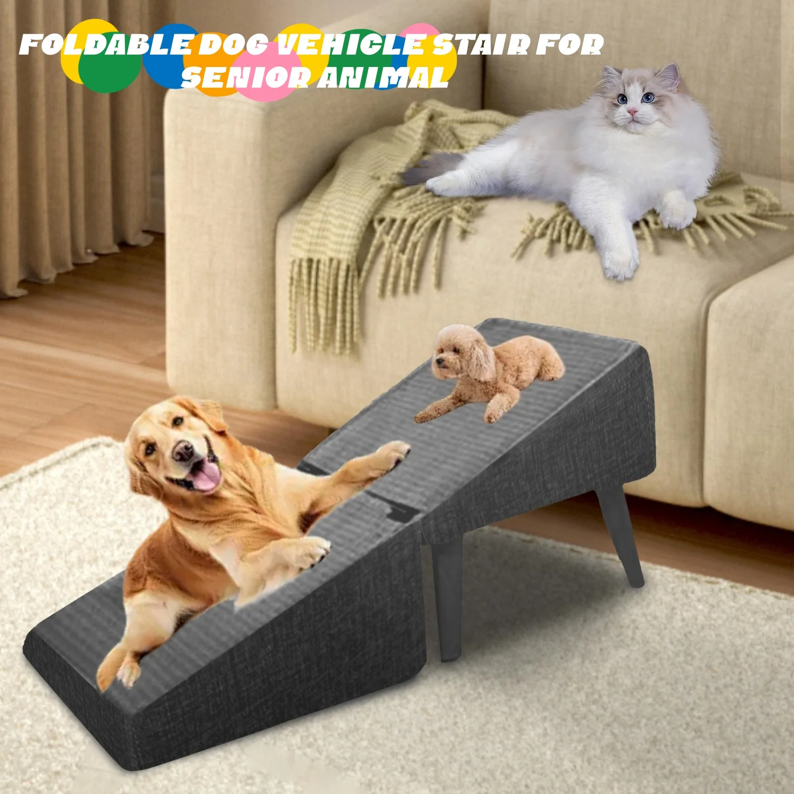 2 in 1 Foldable Dog Vehicle Stair with Footrest Stool Non-Slip Cat ...