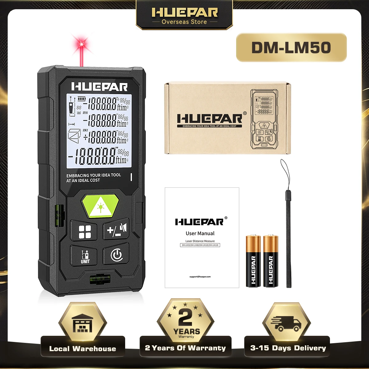 Huepar DM-LM50 Laser Distance Meter Rangefiner 50M Laser Measure M/in ...