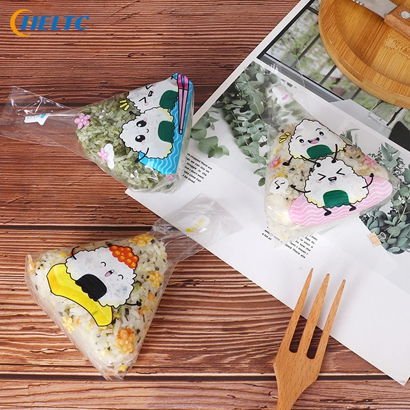 100 Pcs Cute Cartoon Triangle Rice Ball Packing Bag Seaweed Sushi Mould ...
