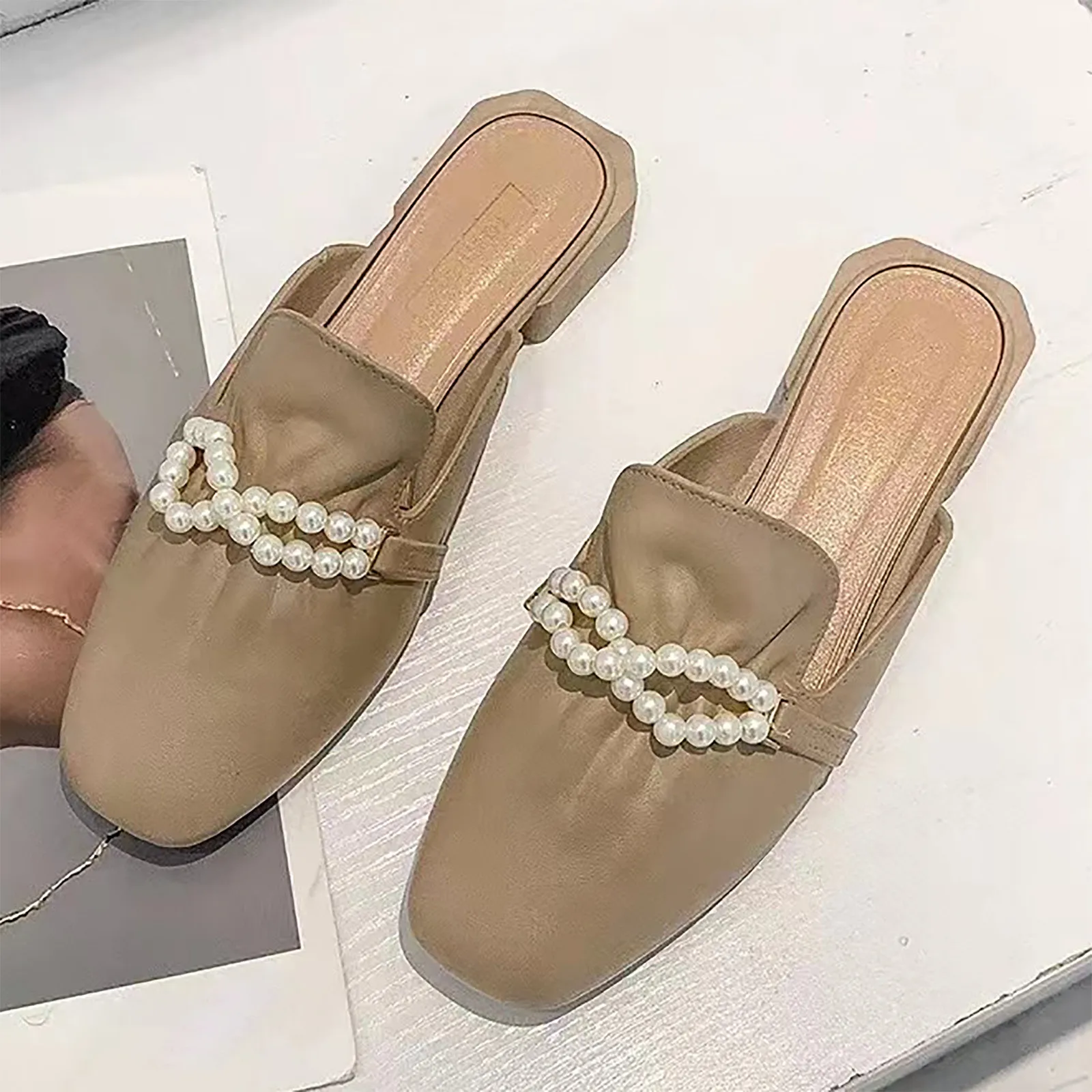 Woman-Mules-Fashion-Design-Flat-Square-Toe-Pearl-Backless-Shoes-Summer ...