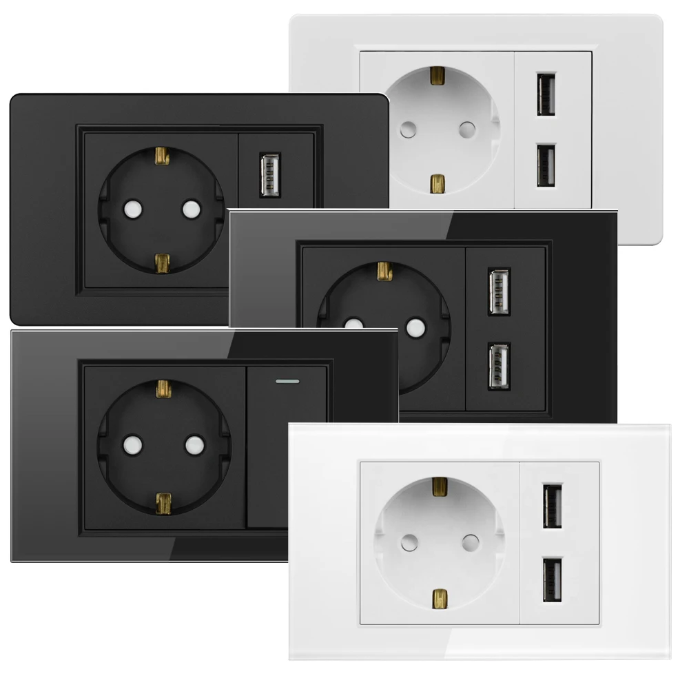 EU Germany Plug Power Wall USB Socket Pressure Switch Tempered Plastic ...