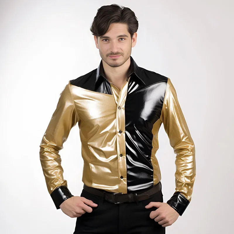 Men-Shiny-Metallic-Shirt-Blouse-Button-Down-Dance-Stage-Costume-Top ...
