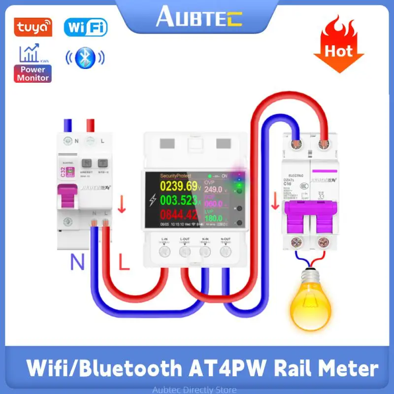 Tuya Smart Meter Switch WIFI/Bluetooth AT4PW Din Rail Remote Control AC ...