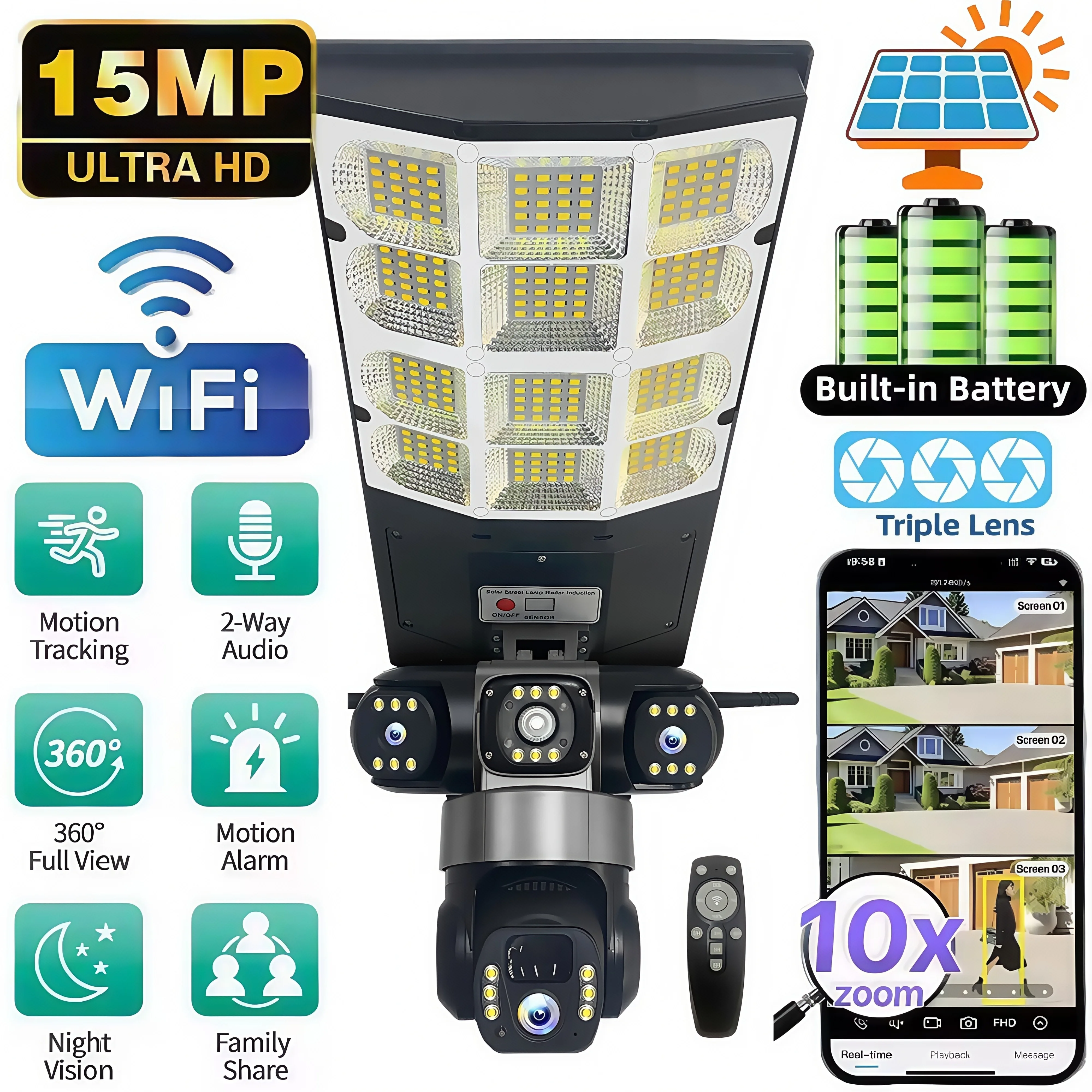 Solar WIFI Street Light HD Camera 15MP 10X Zoom Three Lens Recording ...