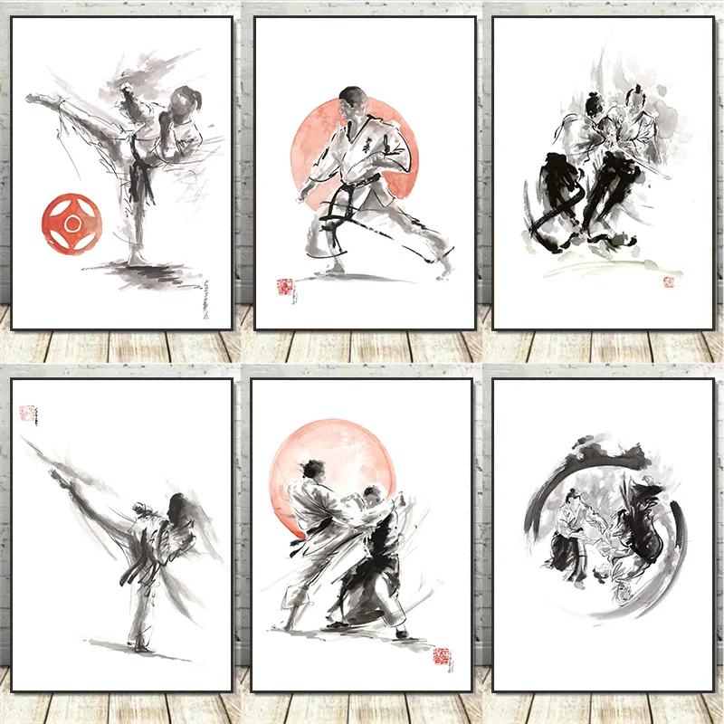 Japanese-Minimalist-Black-Samurai-Karate-Art-Ink-Canvas-Painting ...