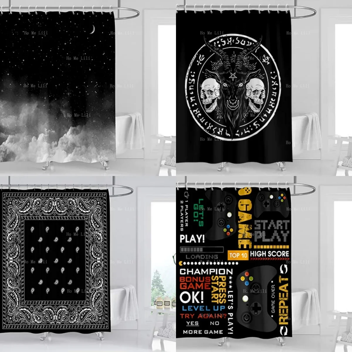 Satanic-Demon-Shower-Curtain-Baphomet-Skull-Pentagram-Gothic-Goat-Head ...