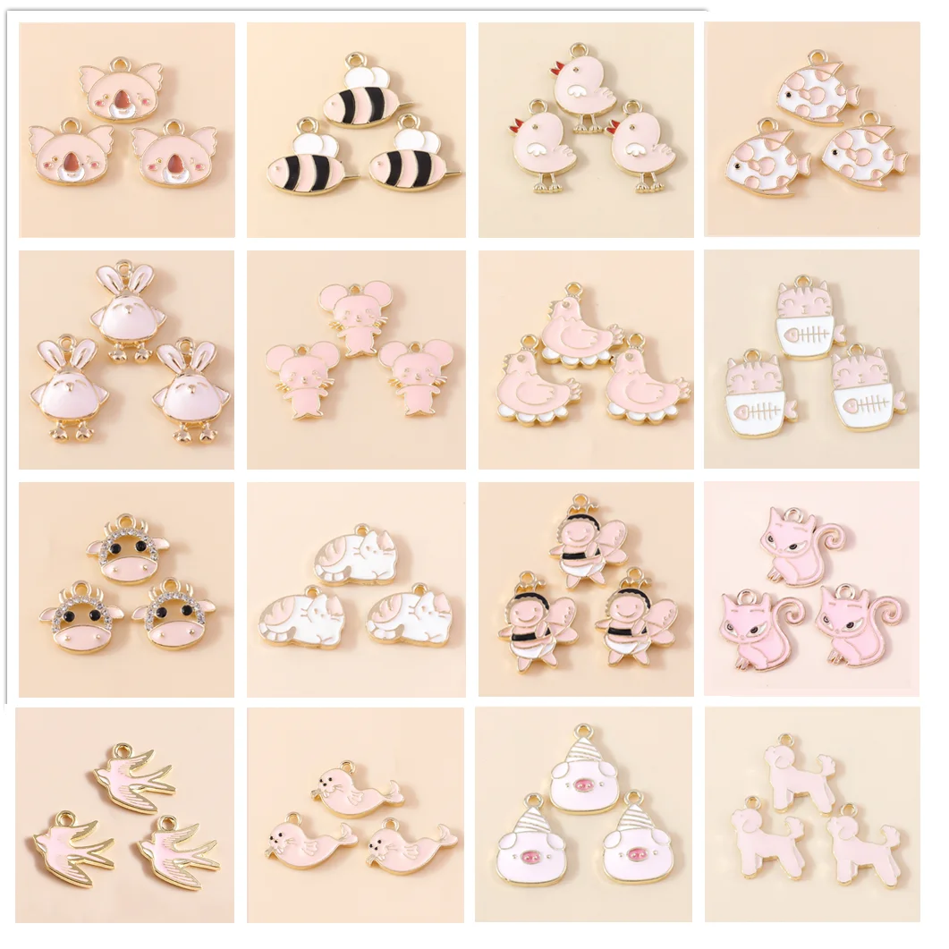 10pcs-Mixed-Pink-Cute-Enamel-Animal-Charms-Bird-Elephant-Cat-Bee-Dog ...
