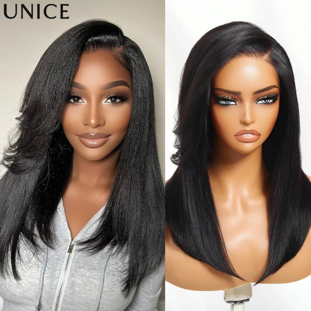 UNice Hair 7x5 Lace Drawstring Cap Yaki Straight Wig With Side Bangs ...