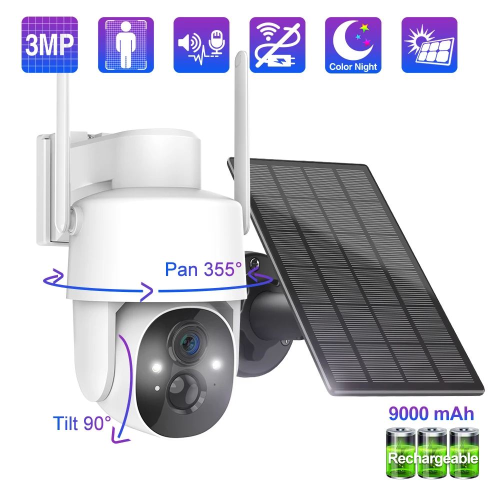 Techage-3MP-PTZ-Wireless-Solar-Panel-IP-Camera-Rechargeable-9000mAh ...