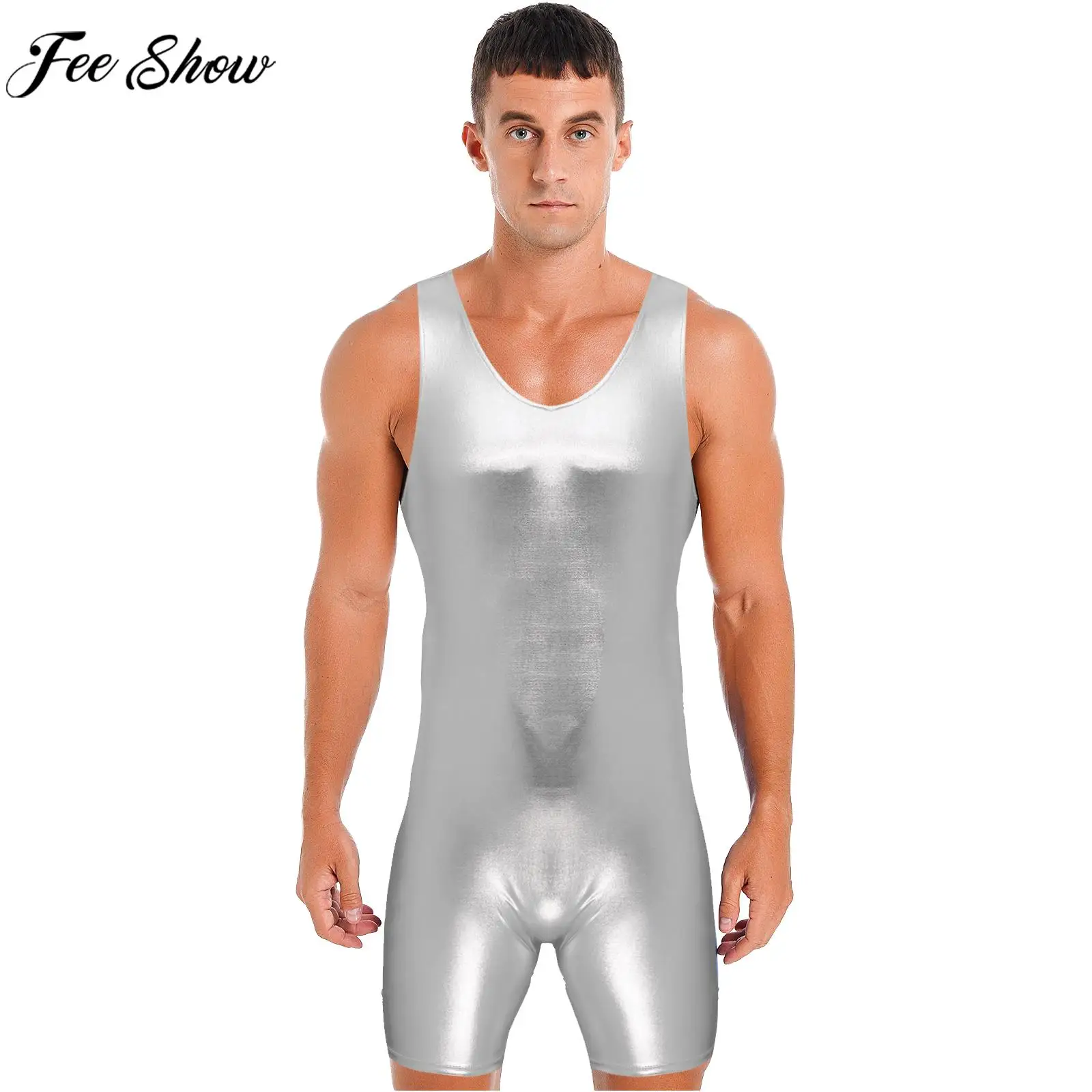 Mens-Metallic-Shiny-Wrestling-Singlet-Bodysuit-Weightlifting-Workout-Jumpsuit-Rave-Nightclub ...