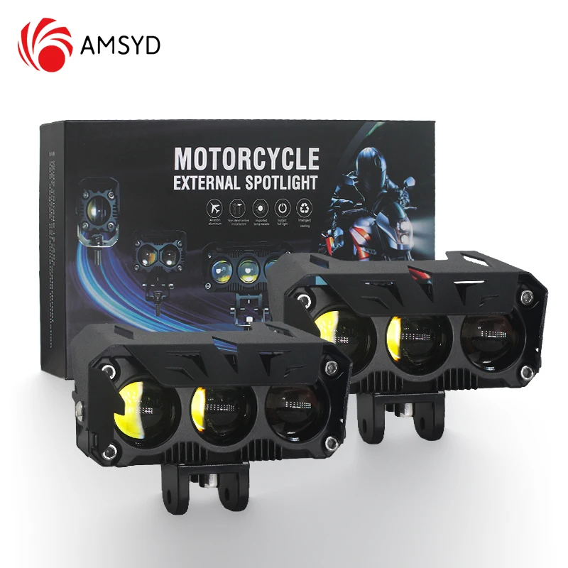 2pcs-3-Lens-Motorcycle-Headlight-LED-Work-Light-Dual-Color-Hi-Low-Beam ...