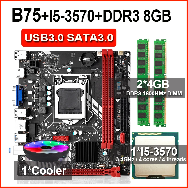 Lga1155 b75マザーボードセット,Intel Core i5 3570を搭載したPCコンポーネント,2x4GB,8GB,1600MHz,ddr3,デスクトップ,CPUクーラーを搭載した ...