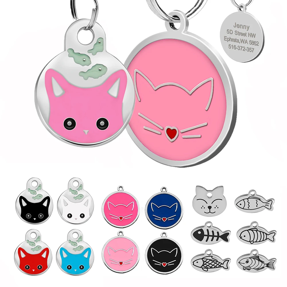 Cute Cat Tag Small Dog Id Tags Free Engraved Name Cats Kitten Name Tag ...
