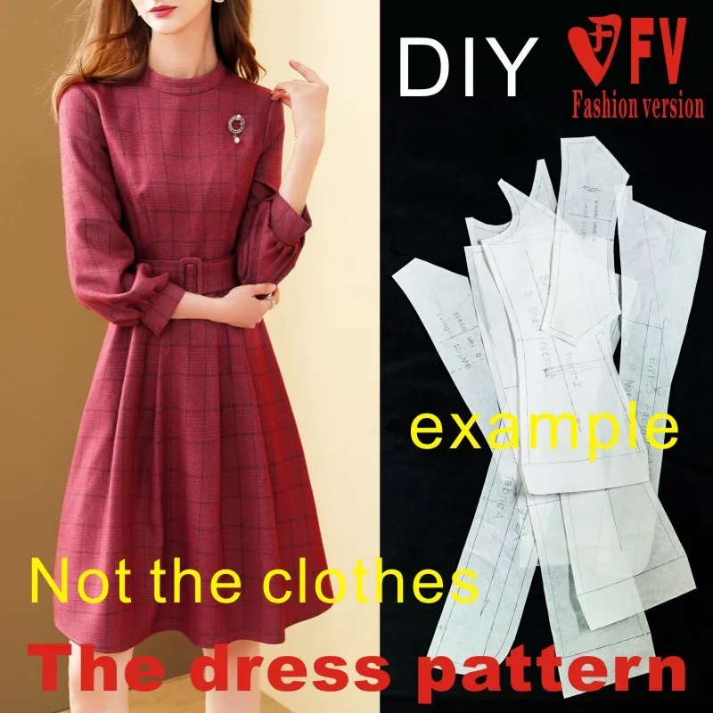 Clothing-pattern-women-s-retro-waist-plaid-dress-sewing-making-drawings ...