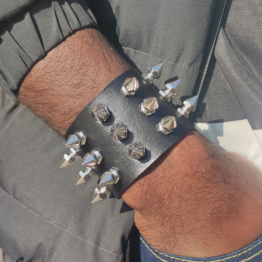 Vintage-Leather-Bracelet-Three-Row-Cuspidal-Spikes-Rivet-Stud-Wide-Cuff ...