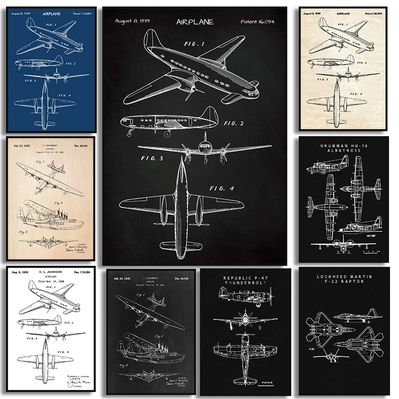Vintage Avião Blueprint Poster, Avião Patente, Pintura Da Lona, Plano ...