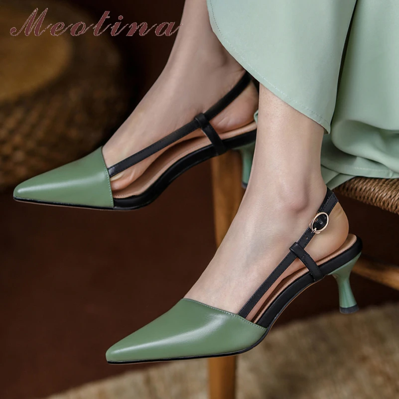Meotina-Women-Genuine-Leather-Pointed-Toe-Thin-High-Heel-Slingbacks-Pumps-Buckle-Shallow-Design ...