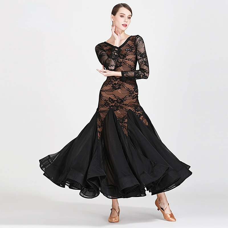 Adult Black Red Lace Standard Ballroom Dance Romantic Big Swing Skirt ...